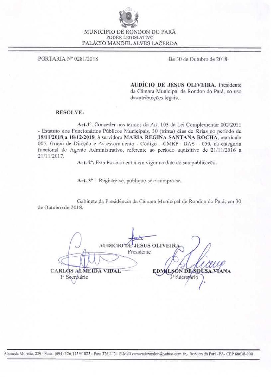 Portaria nº 281-2018 - Ferias a Servidora Maria Regina Santana Rocha ...